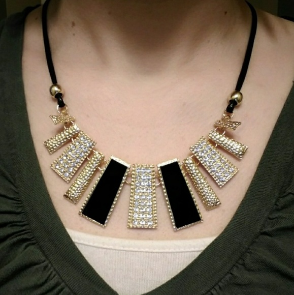 Jewelry | Statement Bib Necklace Black Crystal Gold Cord | Poshmark